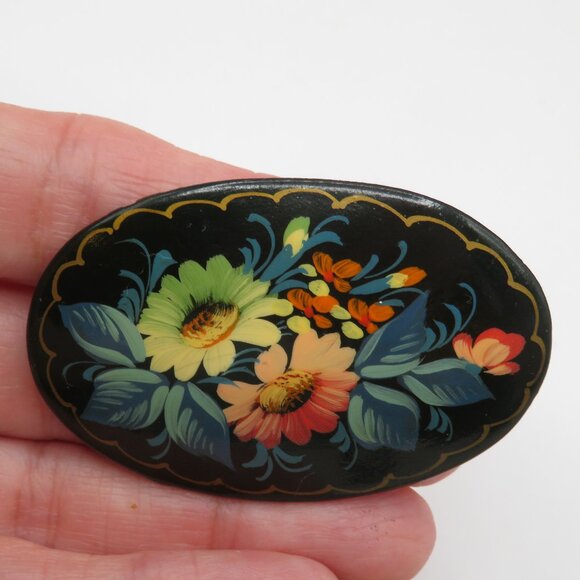 Jewelry | Vintage Russian Hand Painted Signed Black Lacquer Floral ...